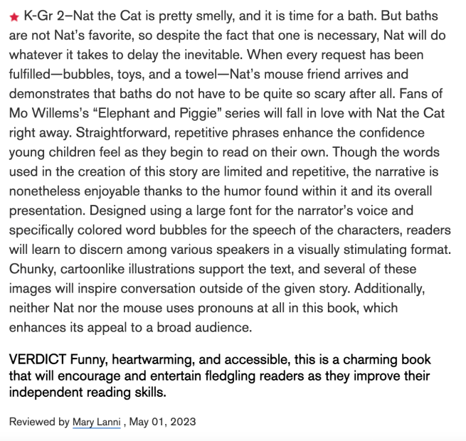 NAT THE CAT TAKES A BATH Receives a STARRED Review from School Library ...